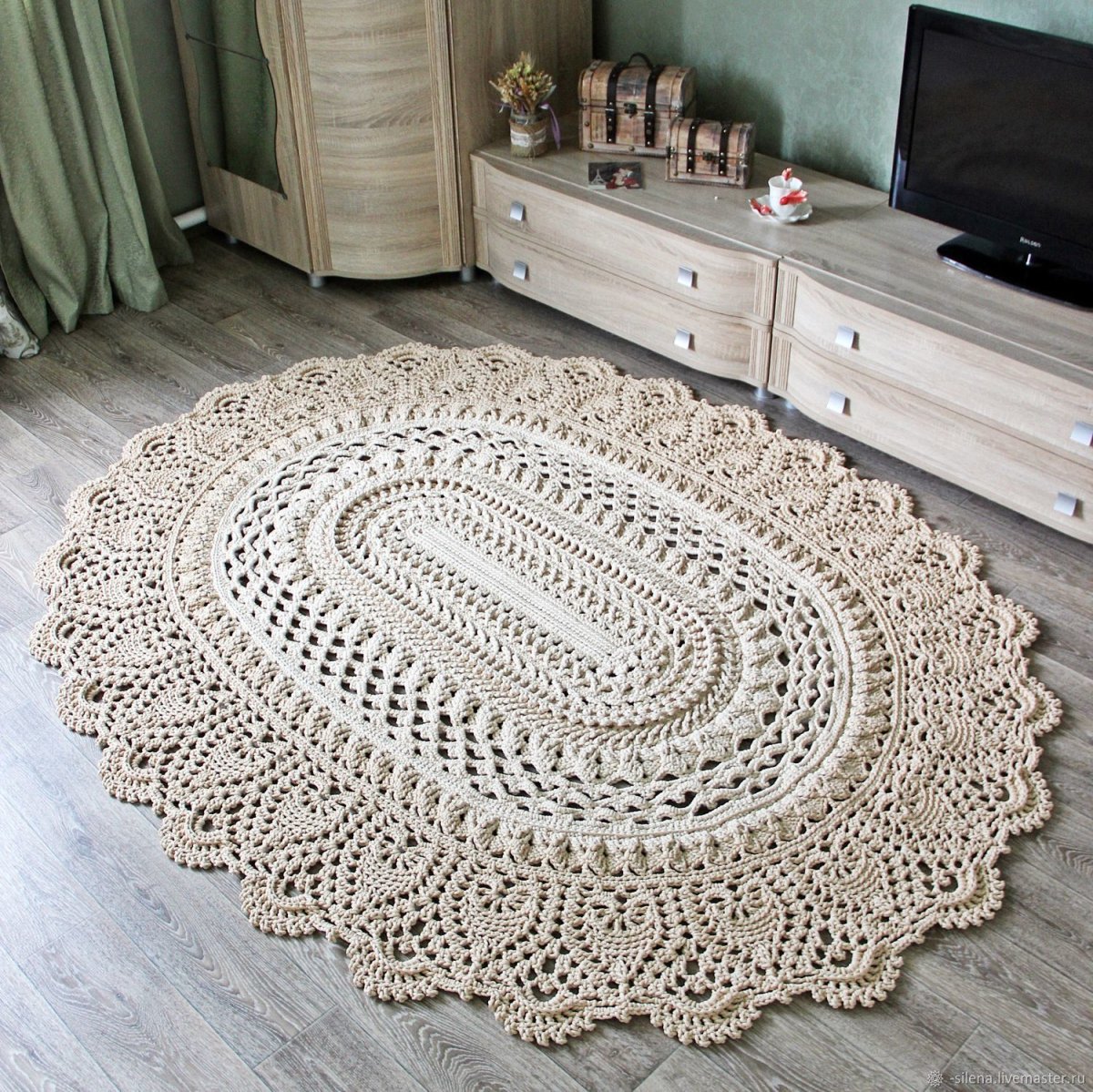 Овальный коврик крючком из полиэфирного шнура - 70 фото